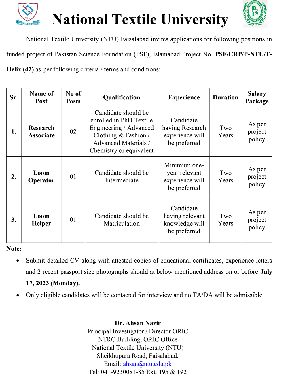 Funded Project of Pakistan Science Foundation (PSF) | NTU