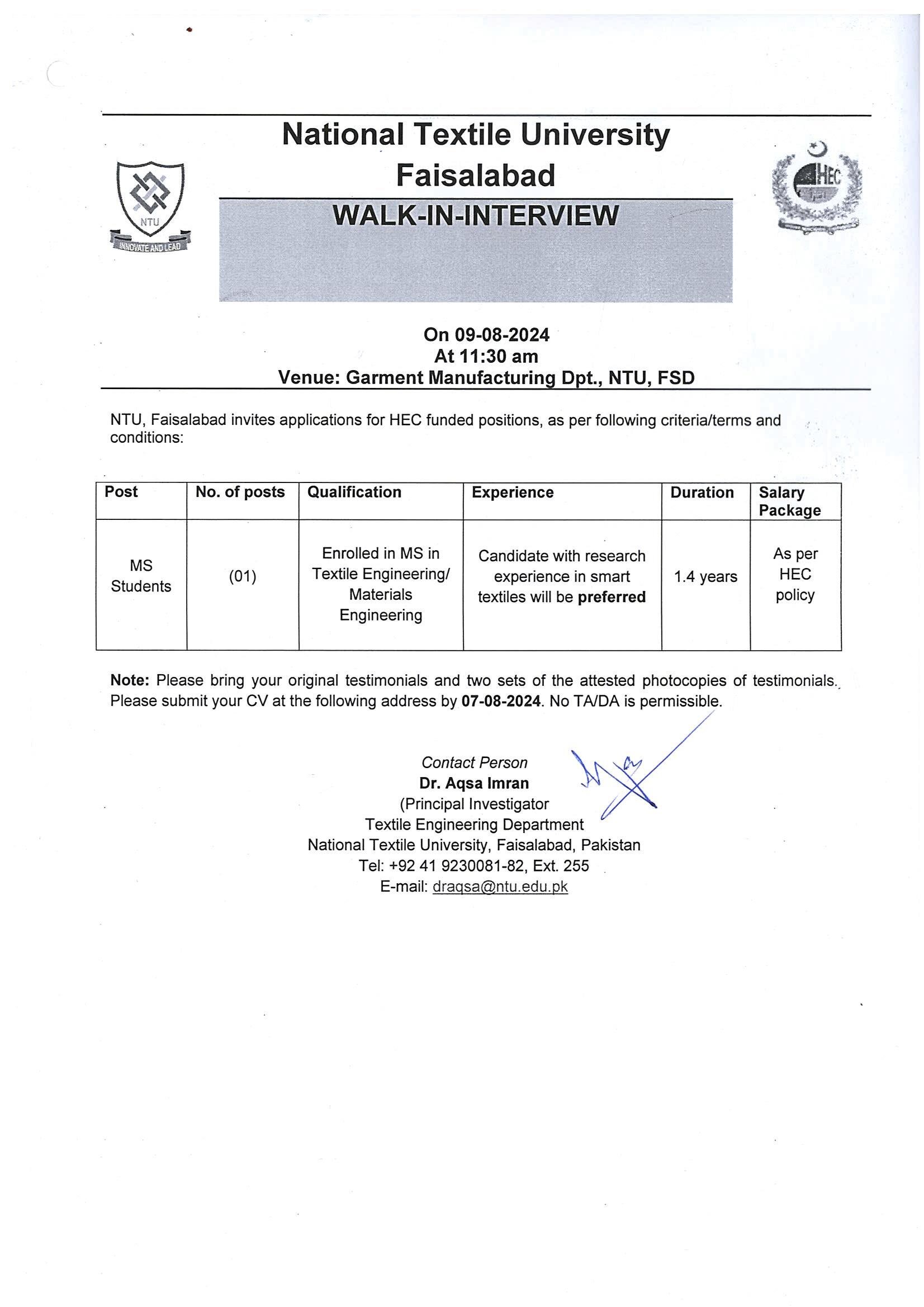 Walk-In Interview for MS Student | NTU