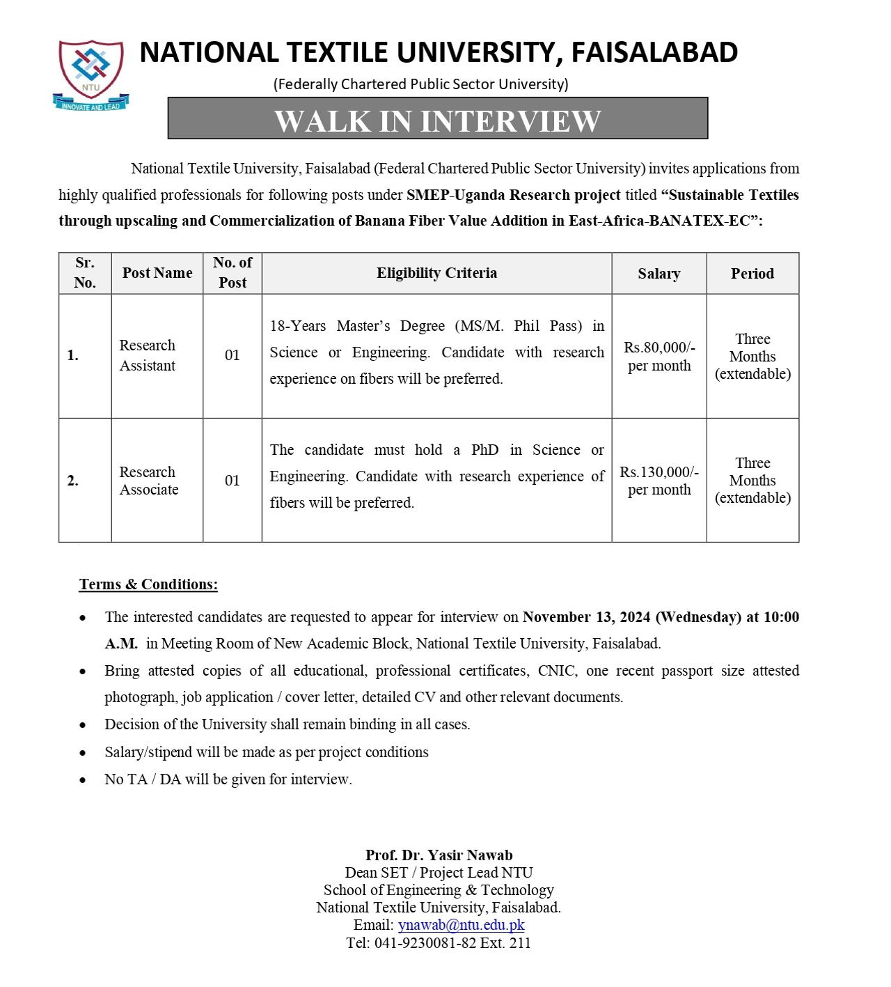 Project Staff Required (Walk In Interview) | NTU