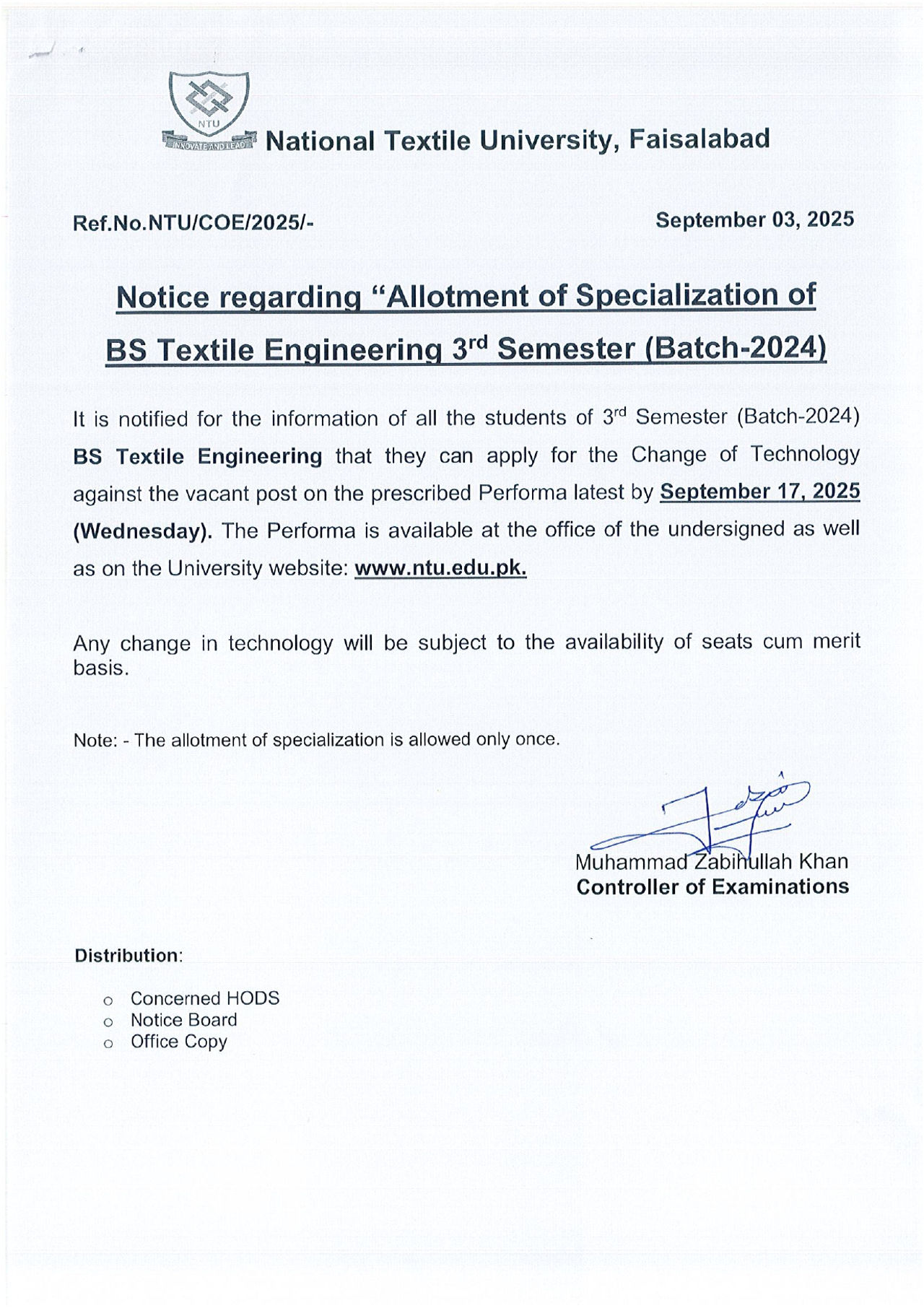 Notice regarding Allotment of Specialization of BS Textile Engineering ...